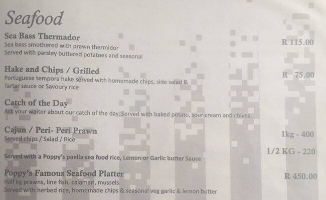 Menu at Poppy's restaurant, Johannesburg
