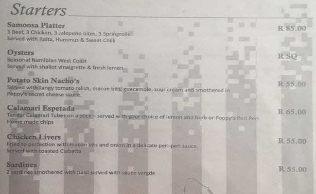 Menu at Poppy's restaurant, Johannesburg