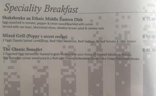 Menu at Poppy's restaurant, Johannesburg