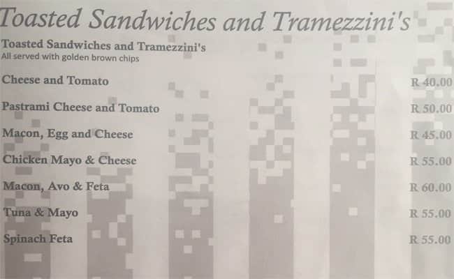 Menu at Poppy's restaurant, Johannesburg