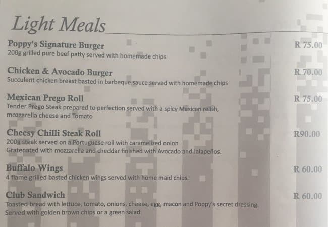 Menu at Poppy's restaurant, Johannesburg