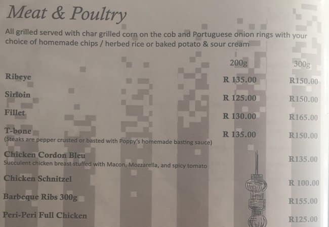 Menu at Poppy's restaurant, Johannesburg