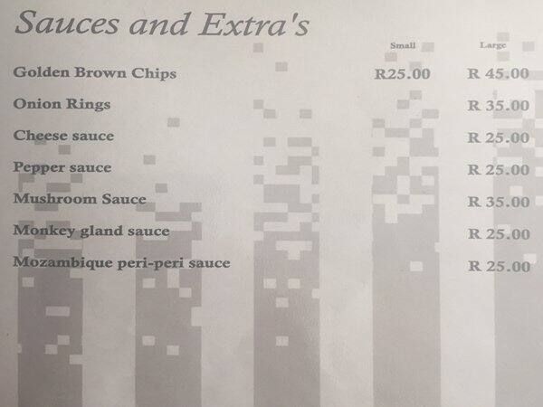 Menu at Poppy's restaurant, Johannesburg