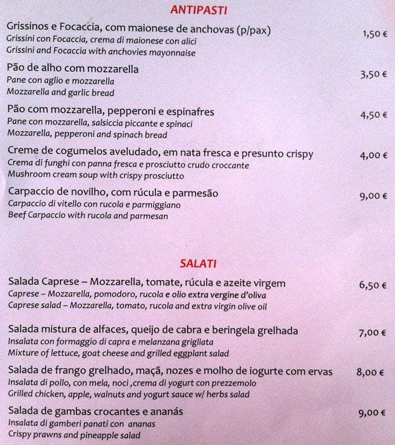Menu at BUCATINI OSTERIA pizzeria, Lisbon