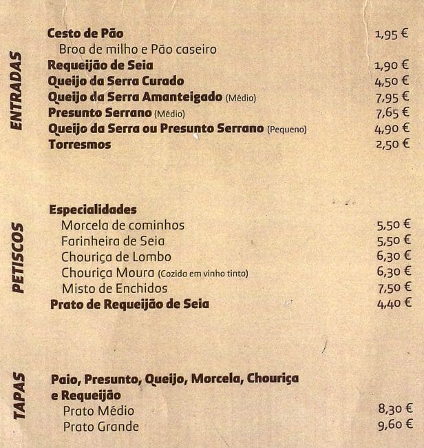Menu em Serra da Estrela restaurante, Rio de Mouro