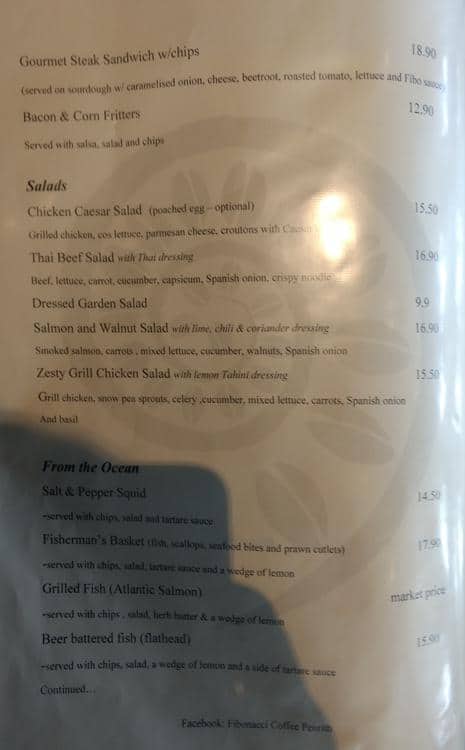 Menu at Fibonacci Coffee cafe, Macquarie Park, 15 Talavera Rd