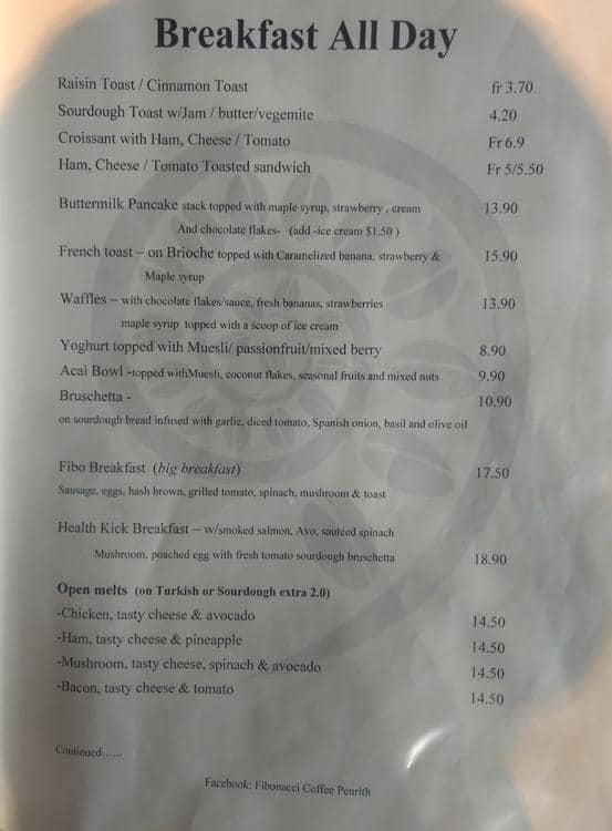 Menu at Fibonacci Coffee cafe, Macquarie Park, 15 Talavera Rd