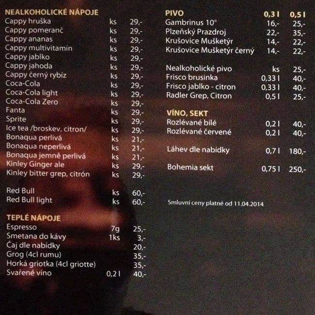 Menu at Pivnice Modřany pub & bar, Prague