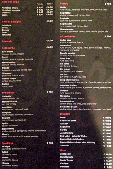 Menu at Churchill Caffè pub & bar, Milan