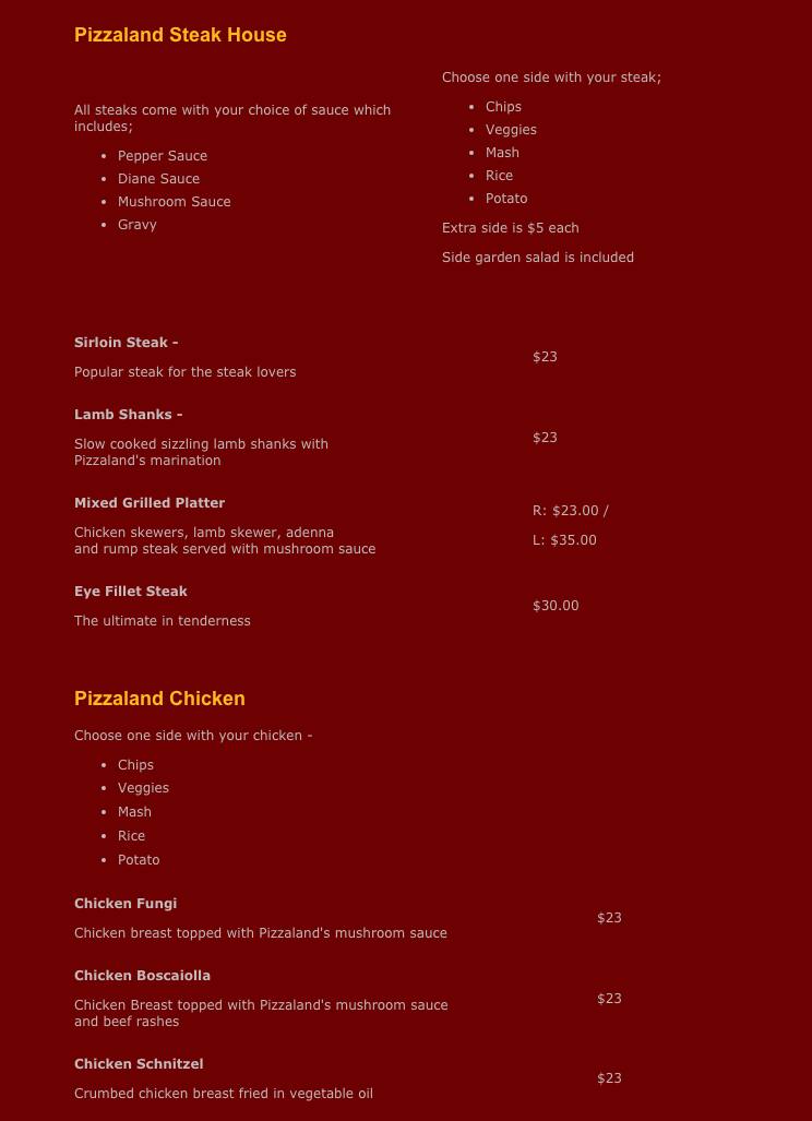 Menu at Pizza Land Steakhouse, Lakemba