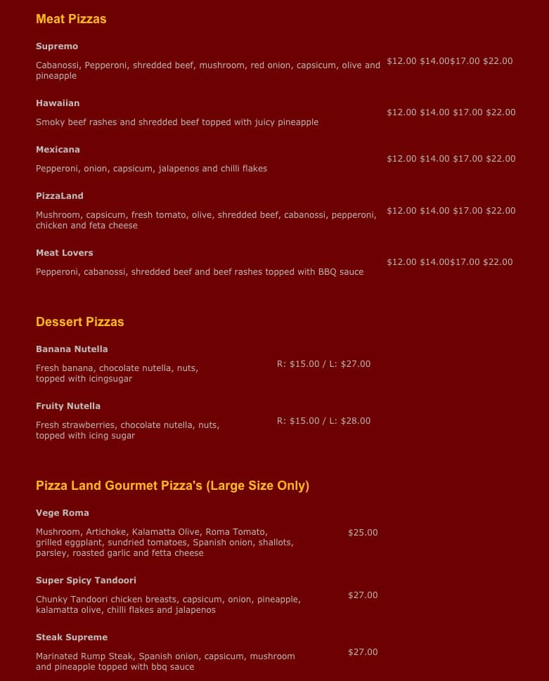 Menu at Pizza Land Steakhouse, Lakemba