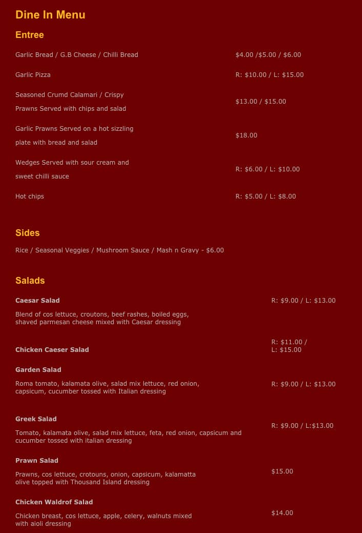 Menu at Pizza Land Steakhouse, Lakemba