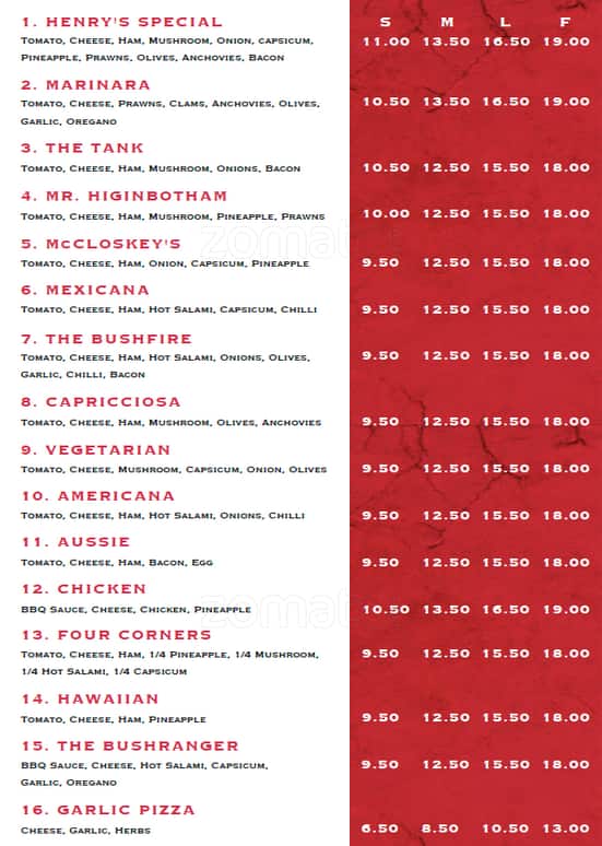 Henry Hurst's Pizza & Pasta Menu - Urbanspoon/Zomato