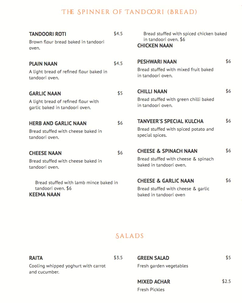 Menu at Tanveers Curry Hut restaurant, Underwood