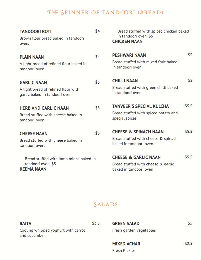 Menu at Tanveers Curry Hut restaurant, Underwood