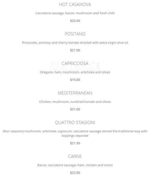 Menu at Positano restaurant, Northbridge