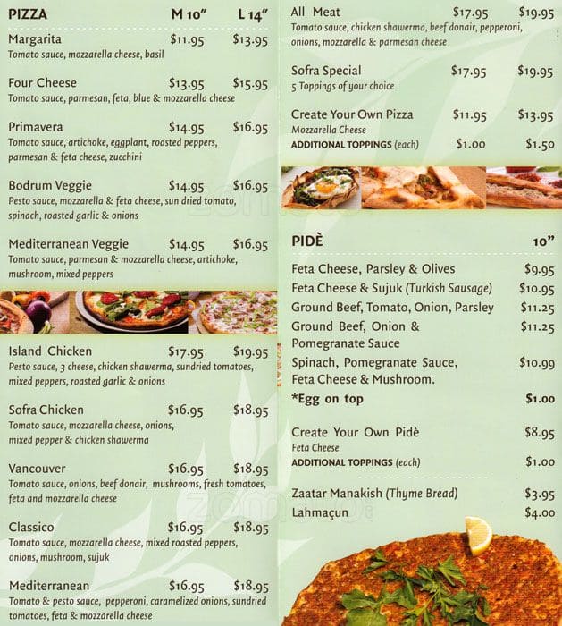 Menu at Sofra Mediterranean Kitchen restaurant, Vancouver