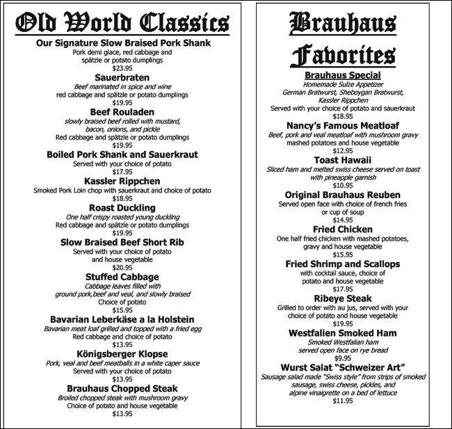 Menu at Chicago Brauhaus restaurant, Chicago, N Lincoln Ave