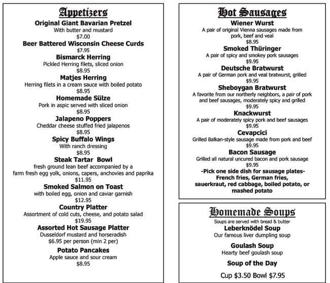 Menu at Chicago Brauhaus restaurant, Chicago, N Lincoln Ave
