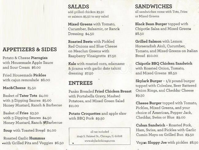Skylark Menu, Menu for Skylark, Pilsen, Chicago - Urbanspoon/Zomato