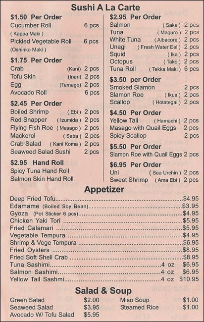 Menu at Sushi King restaurant, Milpitas