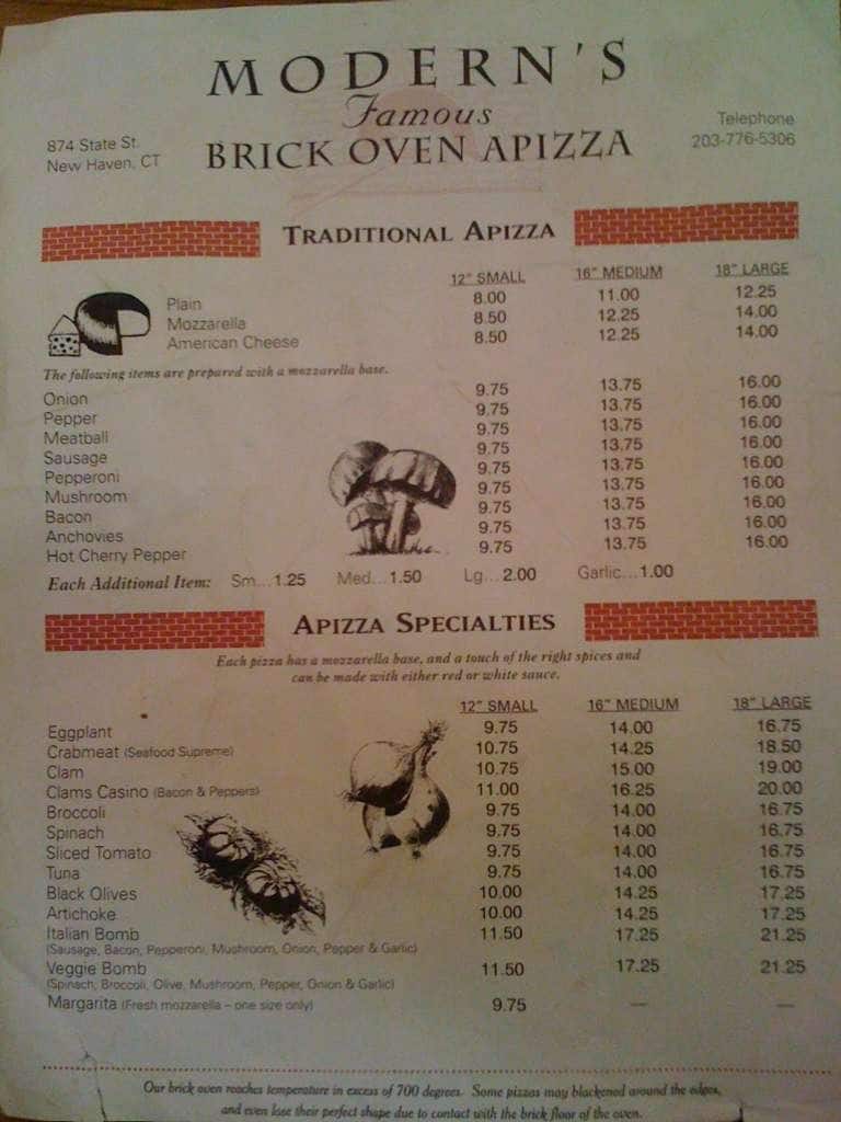 Menu at Modern Apizza pizzeria, New Haven