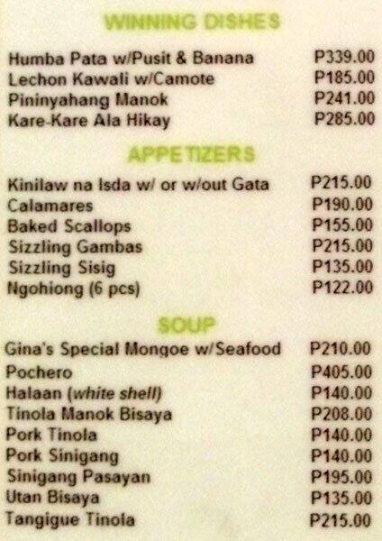 Menu at Hikay restaurant, Cebu City, 8WH4+C57