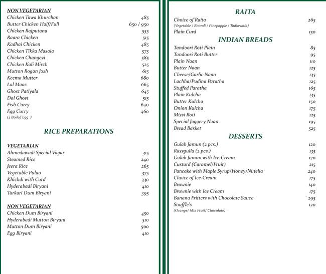 Menu at Panna Vilas - A Lake Facing Boutique Hotel, Udaipur