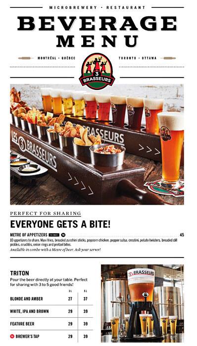 Menu au LES 3 BRASSEURS pub et bar, Québec, Boulevard Laurier