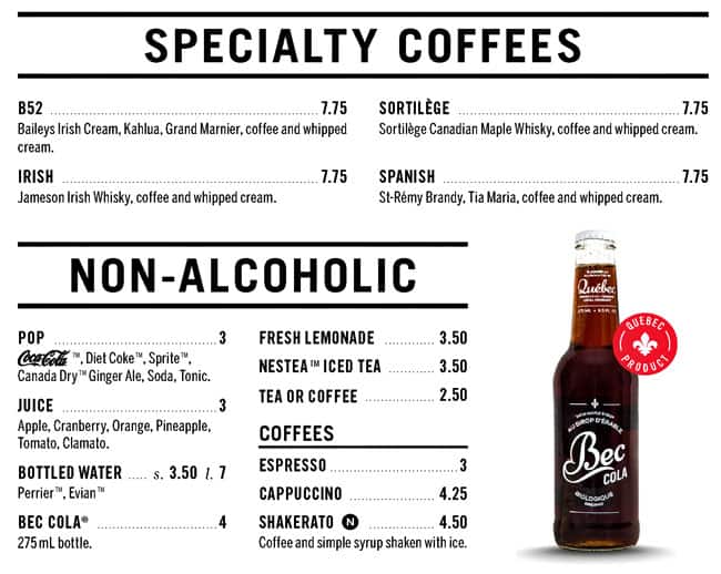 Menu au LES 3 BRASSEURS pub et bar, Québec, Boulevard Laurier