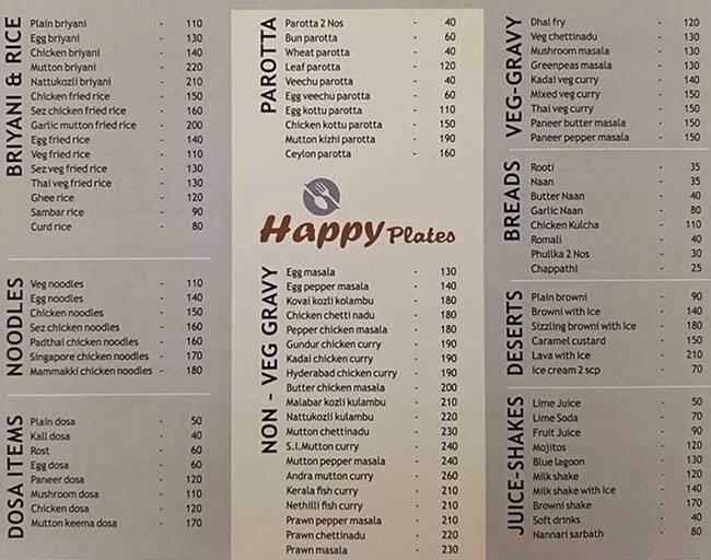 Menu at Happy Plates, Coimbatore