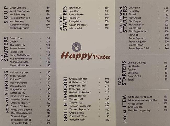 Menu at Happy Plates, Coimbatore