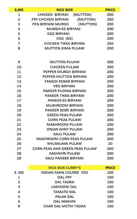 Menu of Rice Box, Kukatpally, Hyderabad