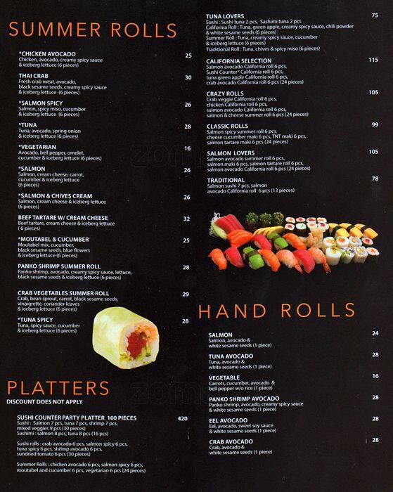 Carta del restaurante Sushi Counter, Dubai, Mercato Mall