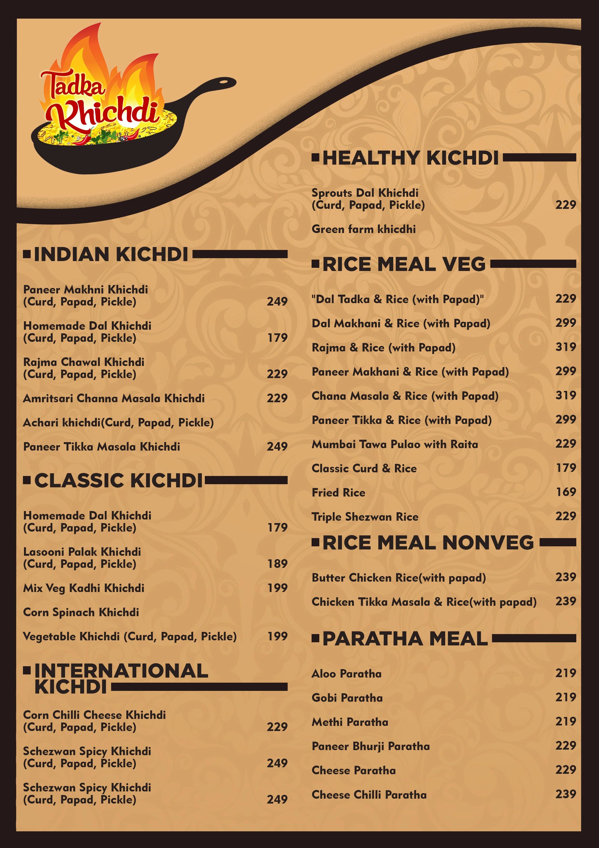 Menu of Tadka Kichdi, Near Andheri East Station, Mumbai