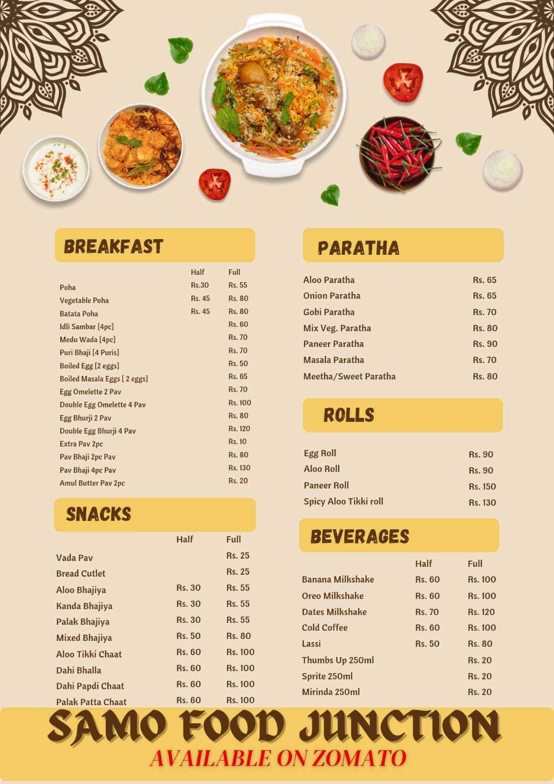 Menu of Samo Food Junction, Mira Road, Mumbai