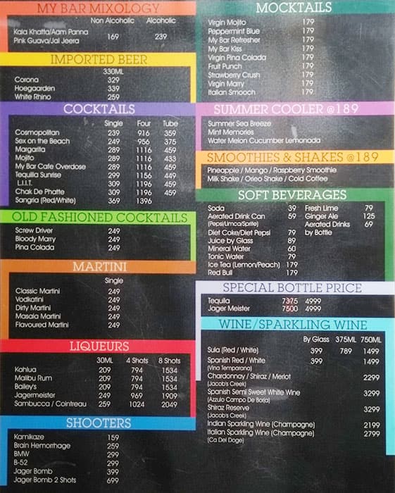 Menu of My Bar Square, Connaught Place, New Delhi