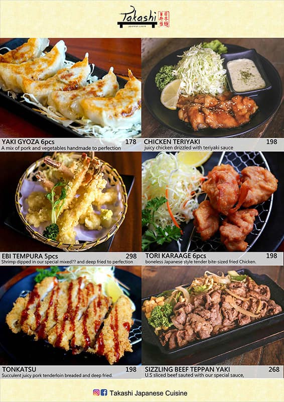 Menu at Takashi Japanese Cuisine restaurant, Pasig