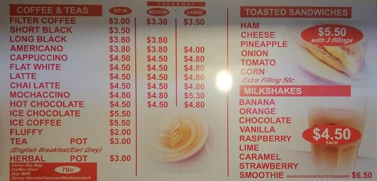 Menu at Rosina's Cafe, Wellington