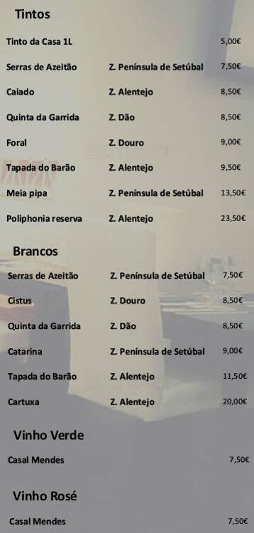 Menu at Alcântara Garfo restaurant, Lisbon
