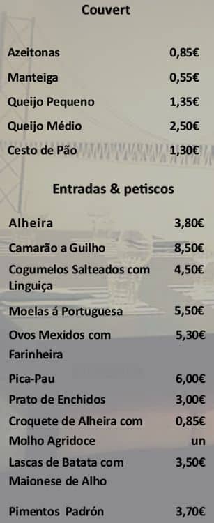 Menu at Alcântara Garfo restaurant, Lisbon