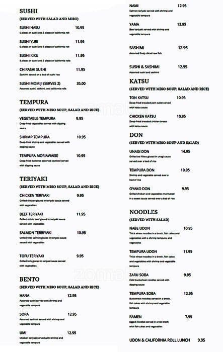 Menu at Yumi Japanese Restaurant, Toronto