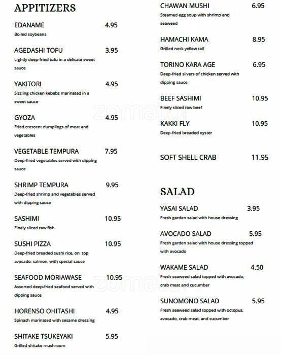 Menu at Yumi Japanese Restaurant, Toronto