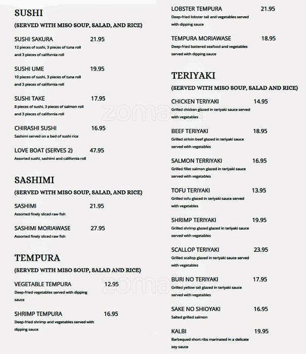 Menu at Yumi Japanese Restaurant, Toronto