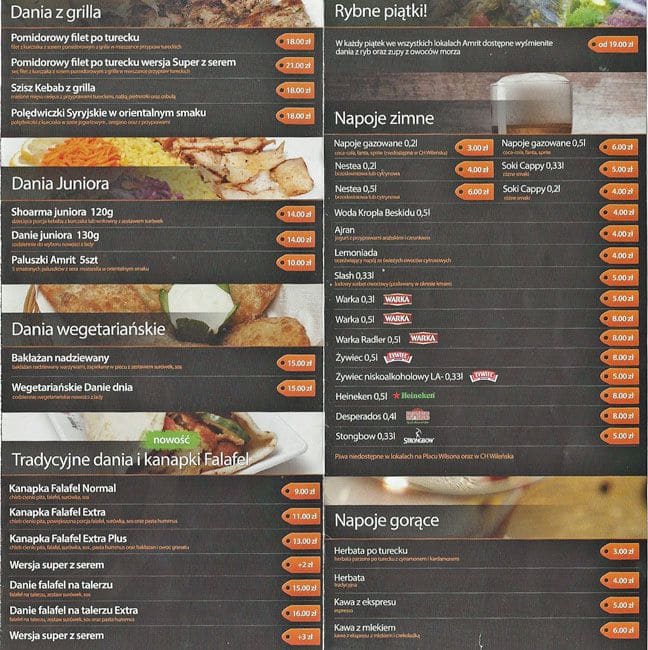 Menu at Amrit Kebab restaurant, Warsaw, Adama Mickiewicza 27