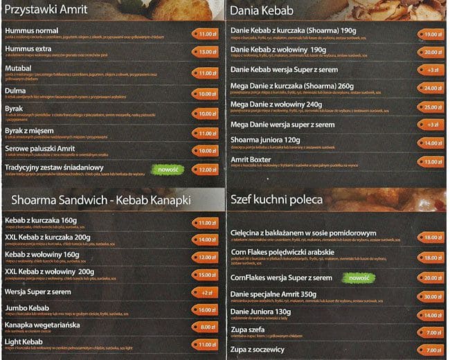 Menu at Amrit Kebab restaurant, Warsaw, Adama Mickiewicza 27