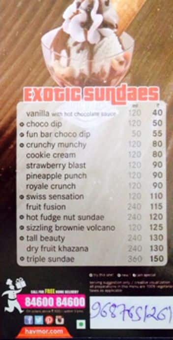 Menu at Havmor, Ahmedabad, K/101