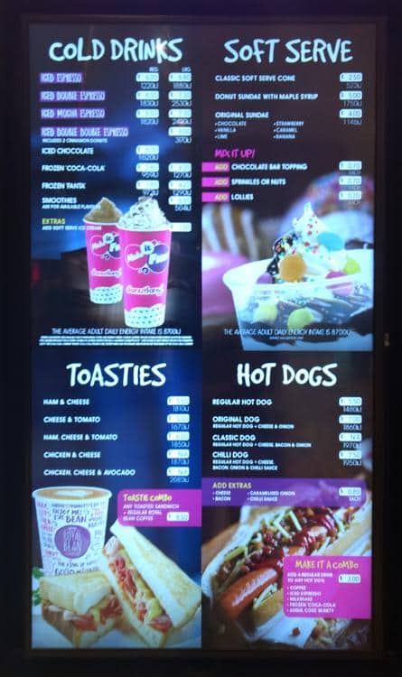 Menu at Donut King fast food, Drummoyne, 124 Roseby St