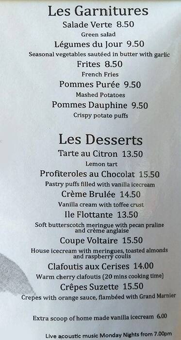 Menu at Le ﻿﻿Voltaire Bistro Francais restaurant, Belgrave