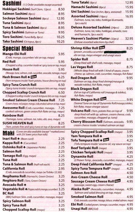 Menu at Sushi Heaven in New Westminster restaurant, New Westminster ...